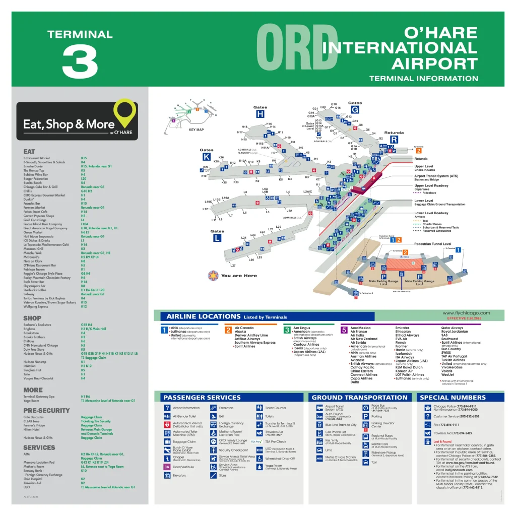 Chicago O'Hare International Airport Terminal 3 Map (Most Up-To-Date ...